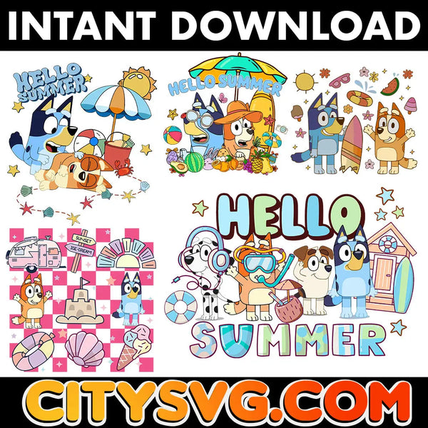 5 Blue Dogs Hello Summer Bundle Png, Digital Download – CITYSVG