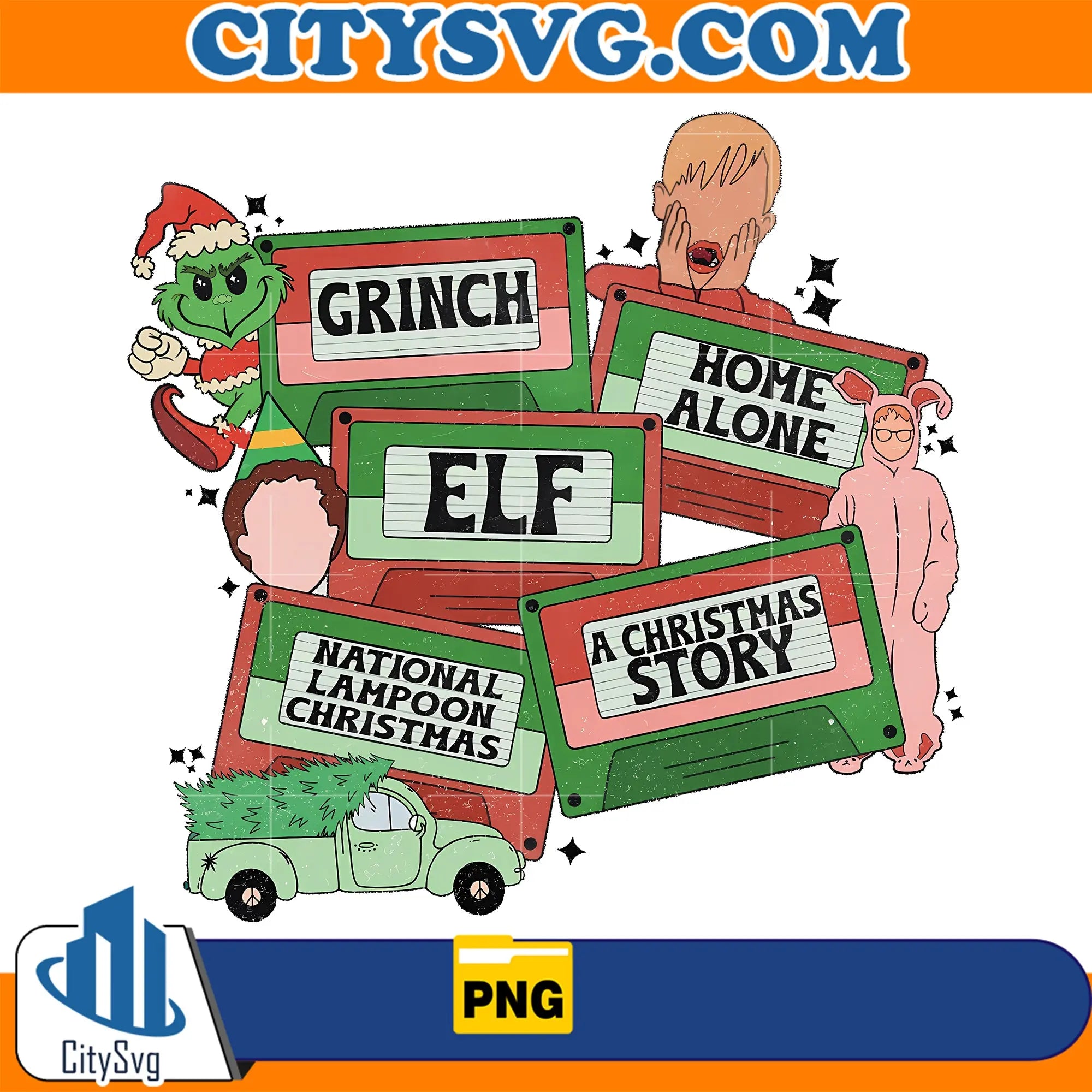 Retro Christmas Movie Cassette Grinch Home Alone Elf Png – CITYSVG